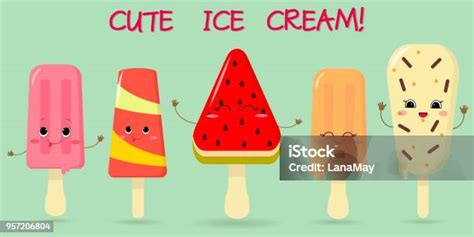 텍스트와 배경에 5 다른 달콤한 아이스크림 스마일의 집합입니다 만화 스타일 가지 식물 부위에 대한 스톡 벡터 아트 및 기타 이미지 가지 식물 부위 거품 내기 과일