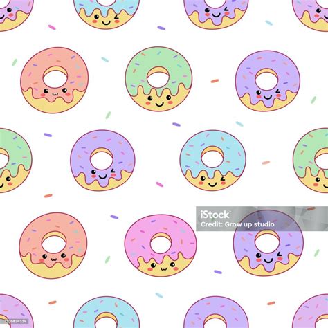 카페 나 레스토랑에 대한 흰색 배경에 다른 유형의 재미있는 얼굴 만화 원활한 패턴과 가와이 귀여운 파스텔 도넛 달콤한 여름