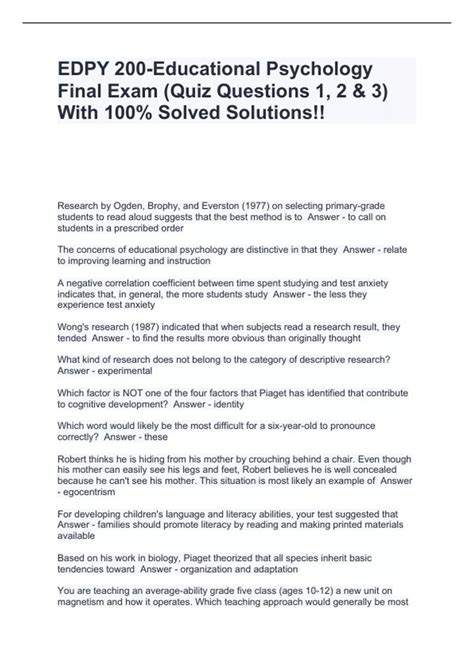Edpy 200 Educational Psychology Final Exam Quiz Questions 1 2 And 3 With 100 Solved Solutions