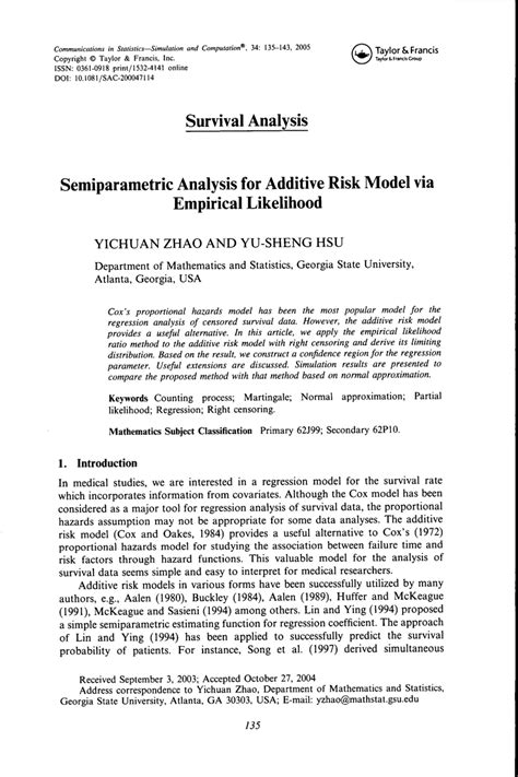 PDF Semiparametric Analysis For Additive Risk Model Via Empirical Likelihood