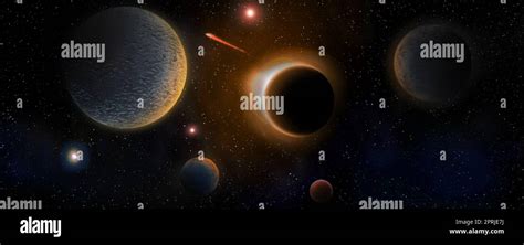 Planets Around Solar Eclipse Comet Bright Stars And Nebula In Outer