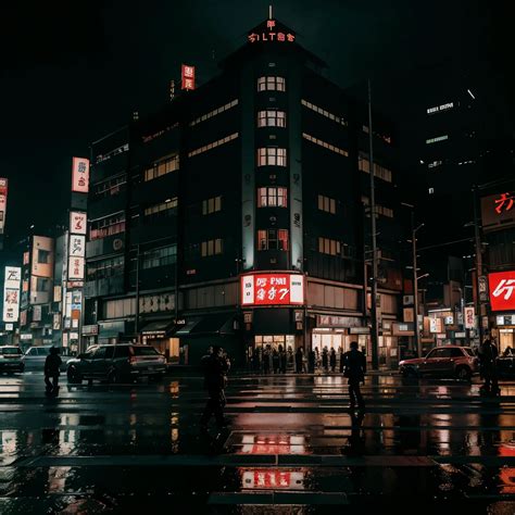 Gigantic Building Of The Japanese Yakuza Mafia In Tokyo City At Rainy