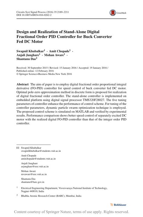 Design And Realization Of Stand Alone Digital Fractional Order Pid Controller For Buck Converter