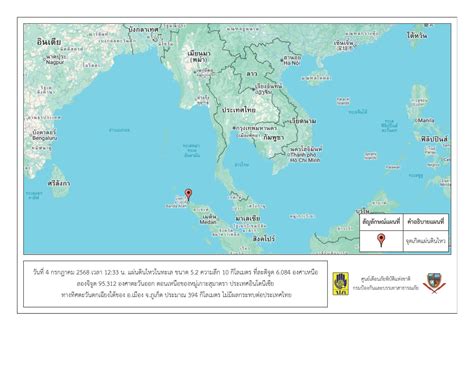 ศูนย์เตือนภัยพิบัติแห่งชาติ เวลา 12 33 น วันที่ 4 ก ค 68 แผ่นดินไหวในทะเล ขนาด 5 2 ความลึก 10