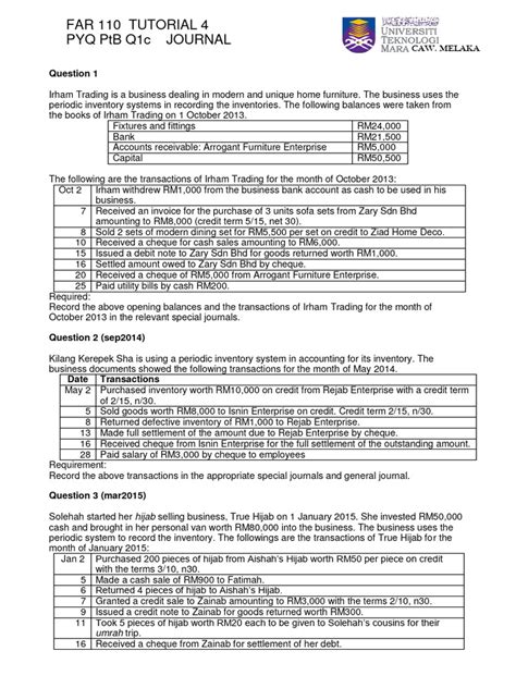 Far 110 Tutorial 4 Pyq Ptb Q1c Journal Umrah Trip Pdf Cheque Debits And Credits