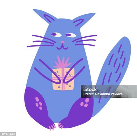 선물 상자가있는 고양이 재미 귀여운 키티 와 선물 생일 휴가와 새해에 적합합니다 흰색 배경에 격리 된 손으로 그린 벡터 그림 배너 또는 카드 0명에 대한 스톡 벡터 아트 및