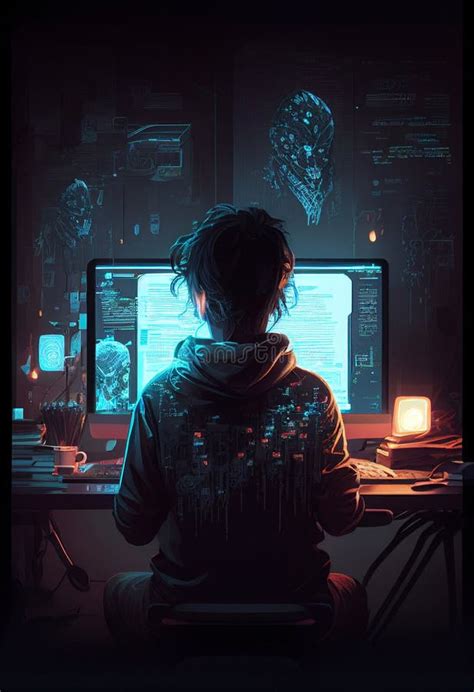 Guy Programmer Sits At A Computer In Dimmed Light Ai Generated Stock