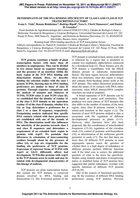 Pdf Determinants Of The Dna Binding Specificity Of Class I And Class Ii Tcp Transcription Factors