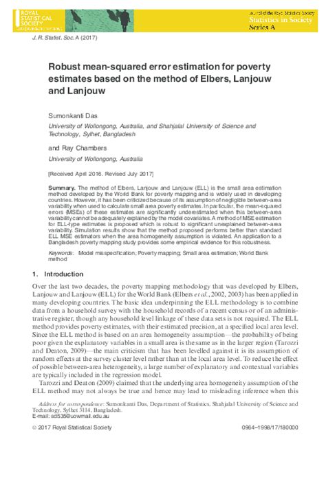 Pdf Robust Mean Squared Error Estimation For Poverty Estimates Based On The Method Of Elbers