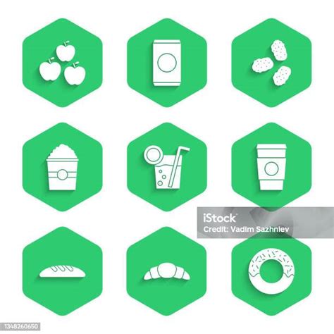 세트 칵테일 크루아상 도넛 커피 컵 빵 덩어리 상자에 팝콘 치킨 너겟과 애플 아이콘 벡터 건강한 식생활에 대한 스톡 벡터 아트 및 기타 이미지 Istock
