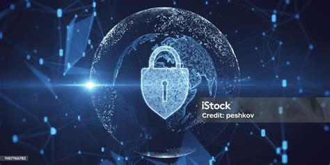 온라인 보안 및 연결 개념 디지털 패드 잠금 기호는 구체에 세계 지도 지구본이 있는 추상적인 기술 배경에 있습니다 3d 렌더링 보호에 대한 스톡 사진 및 기타 이미지