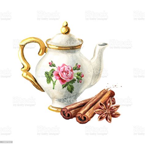 계피와 아니스 스타와 주전자 흰색 배경에 고립 된 손으로 그린 수채화 그림 인삼에 대한 스톡 벡터 아트 및 기타 이미지 인삼 0명 건강관리와 의술 Istock