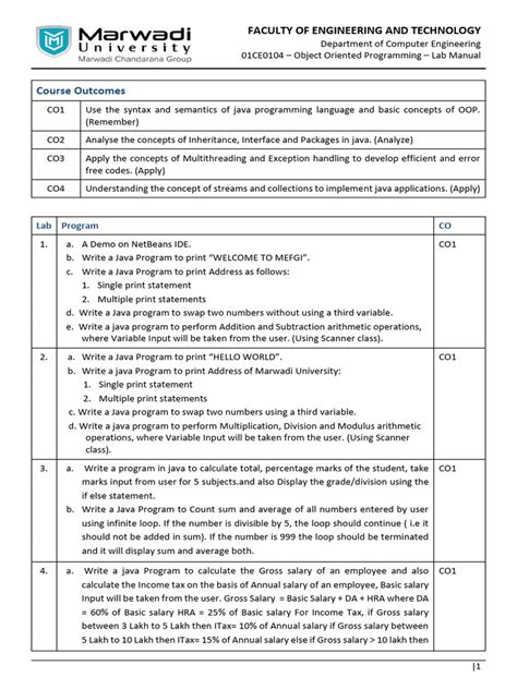 01ce0104 Objectorientedprogramming Labmanual Pdf Method Computer Programming Class