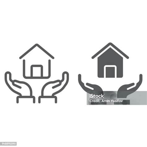 손 선 및 문자 모양 아이콘 부동산과 가정 가정 보호 기호 벡터 그래픽 흰색 배경 Eps 10에 선형 패턴에서 홈 개념에 대한 스톡 벡터 아트 및 기타 이미지 Istock