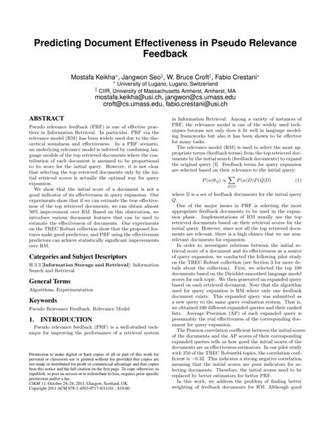 Pdf Predicting Document Effectiveness In Pseudo Relevance Feedback