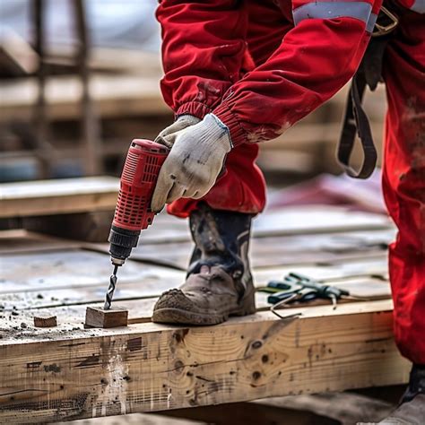 Construction Worker Using Drill On Building Framework Premium Ai