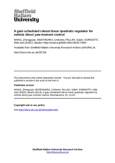 Pdf A Gain Scheduled Robust Linear Quadratic Regulator For Vehicle