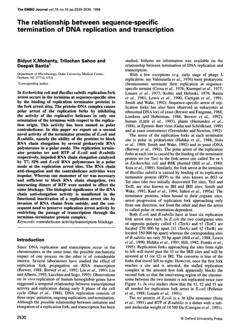 Pdf The Relation Between Sequence Specific Termination Of Dna