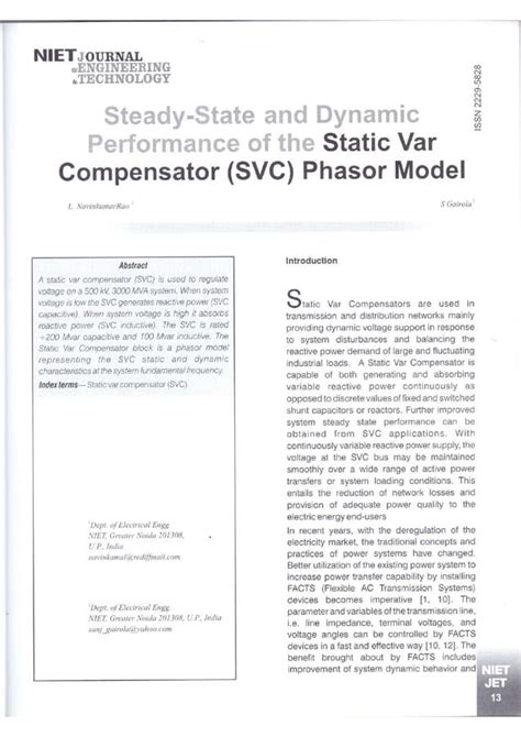 Steady State And Dynamic Performance Of The Static Var Compensator Svc Phasor Model Pdf