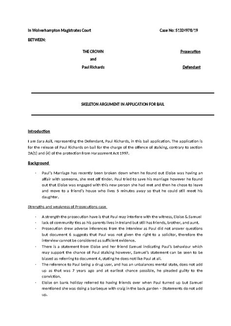 Skeleton Argument Paul In Wolverhampton Magistrates Court Case No