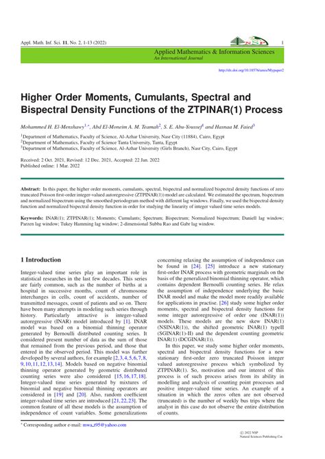 Pdf Higher Order Moments Cumulants Spectral And Bispectral Density Functions Of The Ztpinar