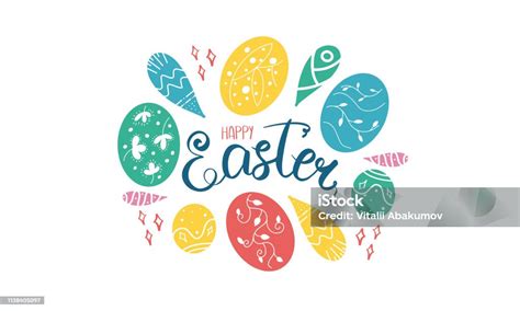 행복 한 부활절 필기 글자입니다 서 예 할로윈 터 계란과 장식 요소 부활절 일요일과 월요일 휴일 인사말 카드 초대장 포스터 배너