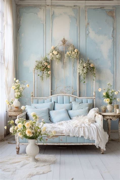 Shabby Chic Bedroom Interior Empty Vintage Room With Elegant Retro Furniture Stock Illustration