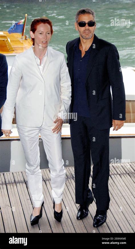 Us Actor George Clooney R Poses With British Actress Tilda Swinton