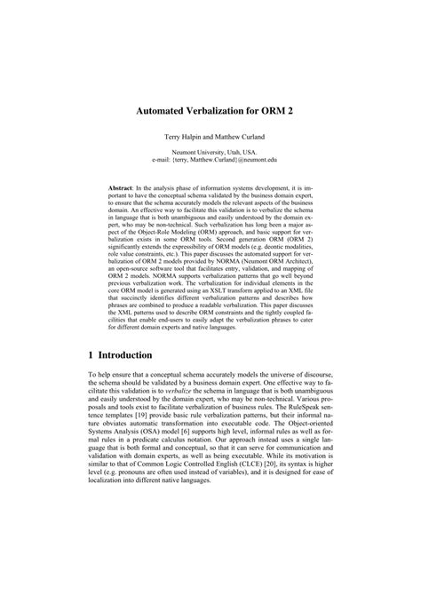 Pdf Automated Verbalization For Orm 2