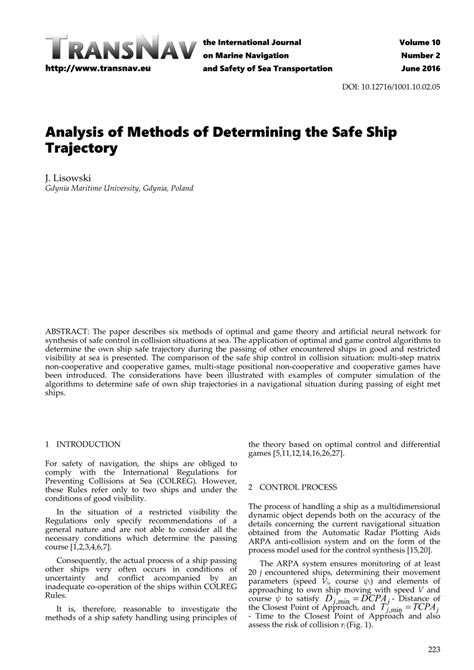 Pdf Analysis Of Methods Of Determining The Safe Ship Trajectory