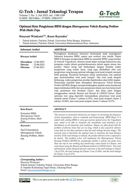 Pdf Optimasi Rute Pengiriman Bbm Dengan Heterogeneous Vehicle Routing Problem With Multi Trips