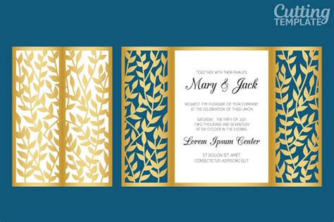 레이저 컷 웨딩 초대장 카드 템플릿 벡터입니다 잎 패턴다이 컷 종이 카드 레이저 절단 또는 다이 절단 템플릿을위한 컷 아웃 종이 게이트 접이식 카드 레이저에 대한 스톡 벡터