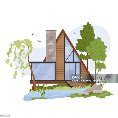 숲의 생태 관광을 위한 나무 삼각형 집 나무로 둘러싸인 탁 트인 창문이 있는 현대적인 A프레임 글램핑 캐빈 세련된 모듈식 에코