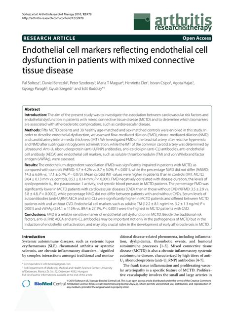 Pdf Endothelial Cell Markers Reflecting Endothelial Cell Dysfunction In Patients With Mixed