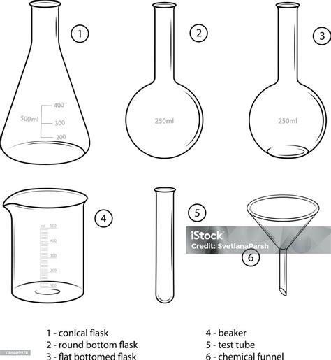 화학 유리 제품 집합입니다 스케치 검은 색 플라스크 전구 시험관 둥근 바닥 플라스크 평평한 바닥 플라스크 비커 화학 깔때기 원추형 플라스크 0명에 대한 스톡 벡터 아트 및