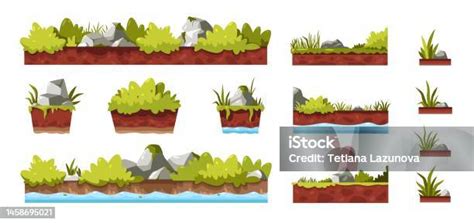 잔디와 바위 만화 낙서 돌 부시 나무 잎 이끼 관목 자연 숲 정원 식물 요소 게임 자산에 대한 다른 모양 풍경 그림의 잔디 돌의 벡터 격리 0명에 대한 스톡 벡터 아트 및