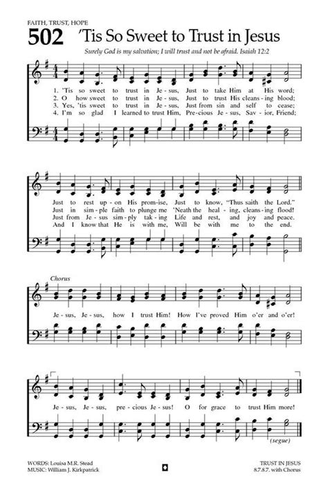 Printable Baptist Hymnal Hymn Sheet Music Tis So Sweet To Trust In