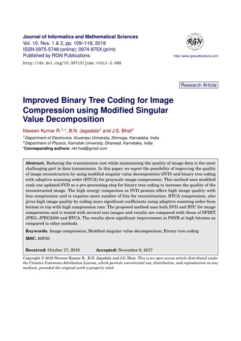 Pdf Improved Binary Tree Coding For Image Compression Using Modified Singular Value Decomposition