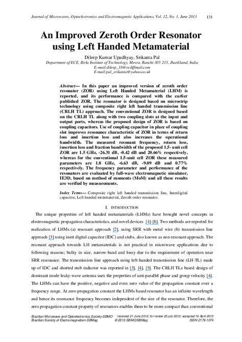 Pdf An Improved Zeroth Order Resonator Using Left Handed Metamaterial