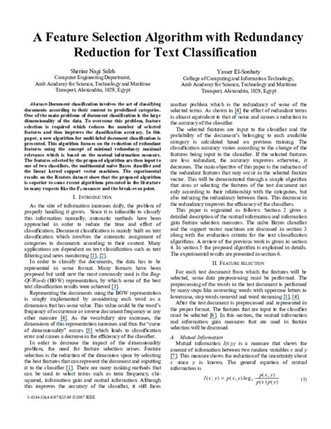 Pdf A Feature Selection Algorithm With Redundancy Reduction For Text Classification