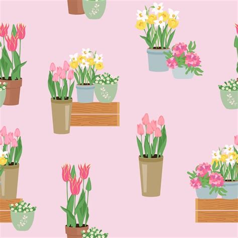 Premium Vector Beautiful Vector Seamless Floral Pattern With Spring Flowers Tulips Daffodils