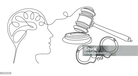 정의에 대해 생각하는 인간의 머리와 뇌의 지속적인 양식화 된 현대 그림 공정한 결정 정의를위한 시간 흰색 배경에 평면 벡터 선형