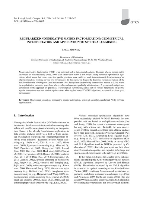 Pdf Regularized Nonnegative Matrix Factorization Geometrical Interpretation And Application