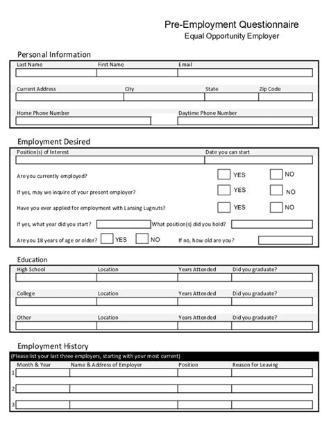 Fillable Online Pre Employment Questionnaire For Job Application Fax