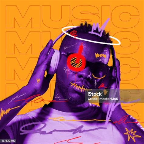 음악 밝은 작품 추상적인 그래픽을 가진 젊은 남자의 초상화 현대 미술 콜라주 아름다움과 패션 감정 감정의 새로운 비전 인물