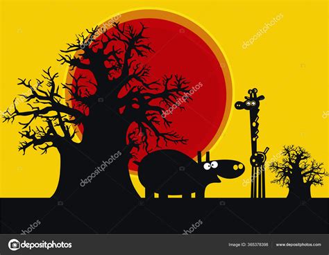 Funny Silhouettes African Hippopotamus Giraffe Yellow Sky Stock