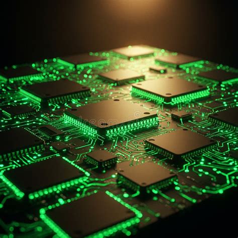 A Circuit Board Embedded With Multiple Microchips Illuminated By