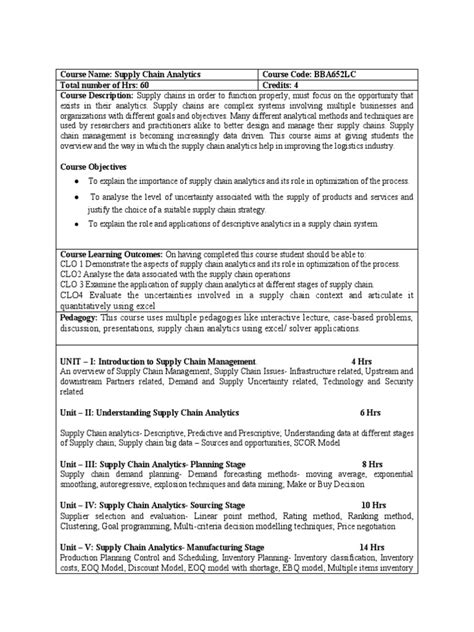 Supply Chain Analytics Syllabus Pdf Supply Chain Analytics
