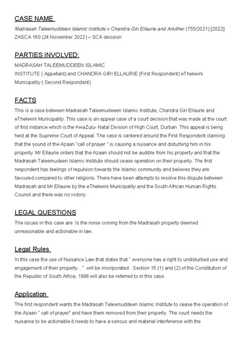 Case Summary Example Case Name Madrasah Taleemuddeen Islamic