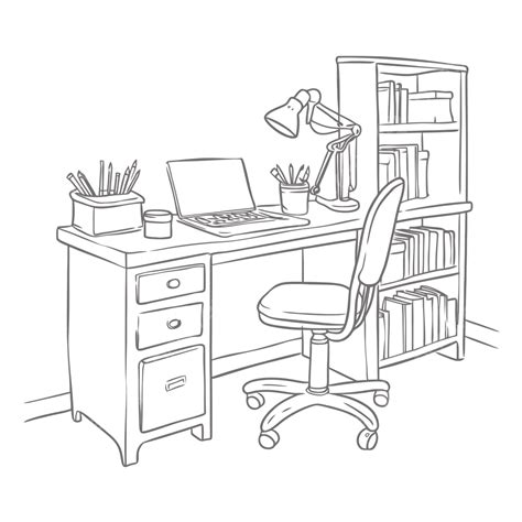 드로잉 홈 오피스 책상의 색칠 페이지 홈 오피스 벡터 기본 간단한 귀여운 만화 책상 개요 흰색 배경에 고립 어린이 색칠 페이지 Png 일러스트 및 벡터 에 대한 무료